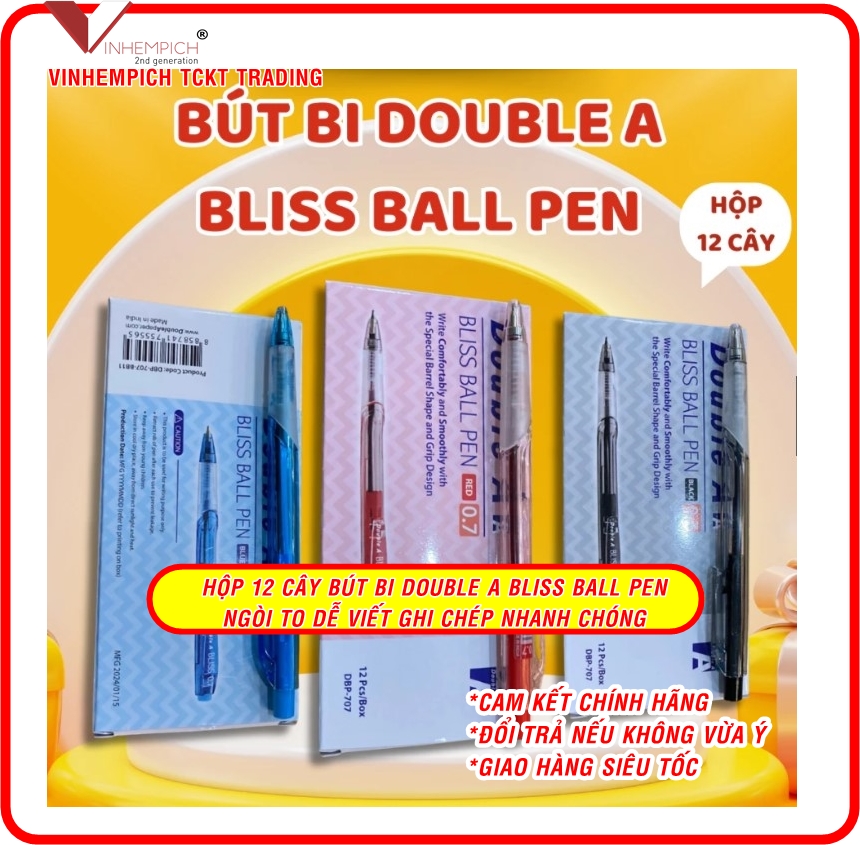 Hộp 12 cây Bút bi Double A Bliss ngòi 0.7mm Trơn mượt, Đủ màu Xanh/ Đỏ/ Đen Bliss Ball Pen - VĂN ...